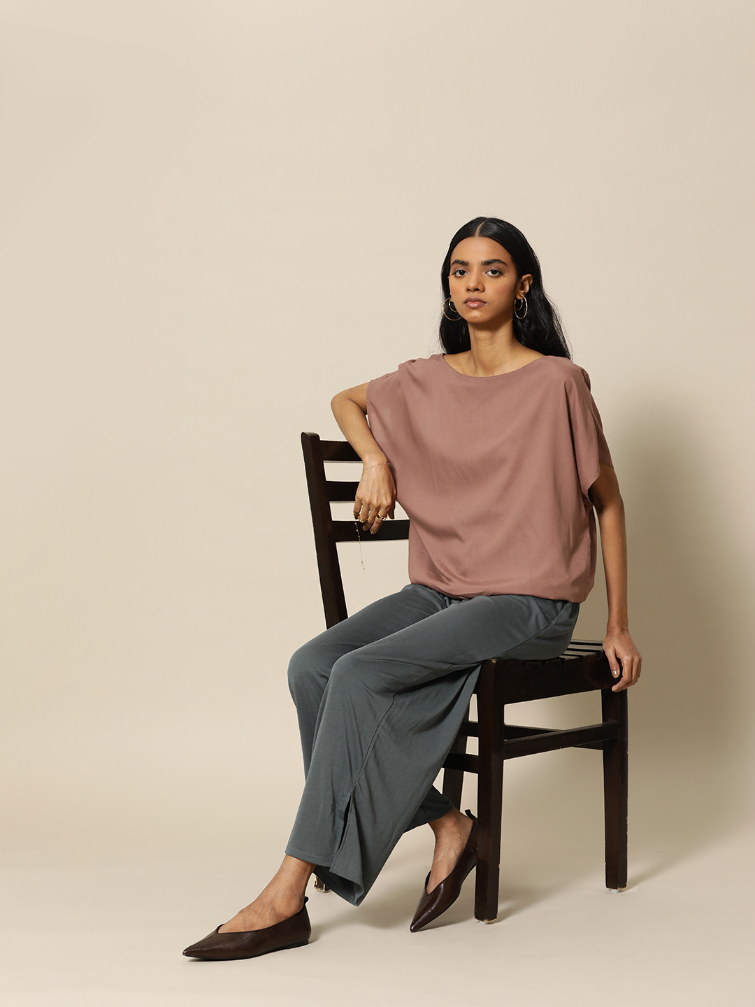Buy BOWER Dusty Pink Extended Sleeves Solid Sustainable Ecovero Top ...