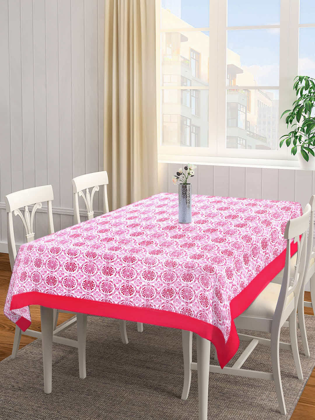 Buy SHADES Of LIFE Pink & White Floral Printed Cotton 6 Seater Table ...