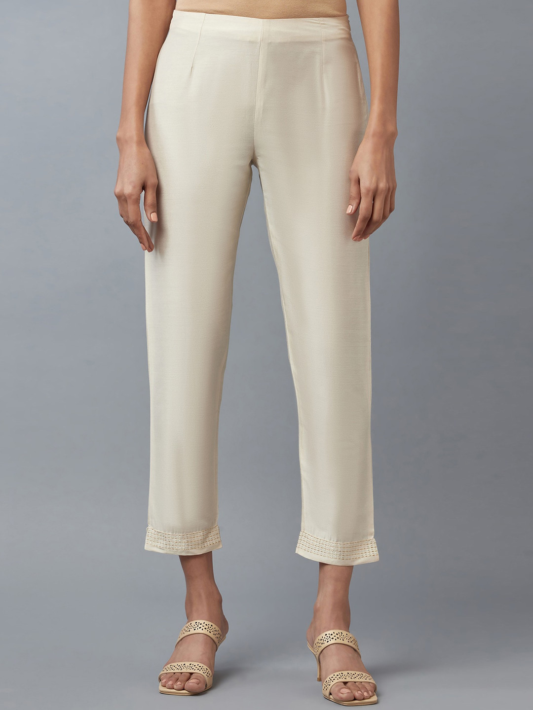 Buy W Women White Slim Fit Trousers - Trousers for Women 17167720 | Myntra