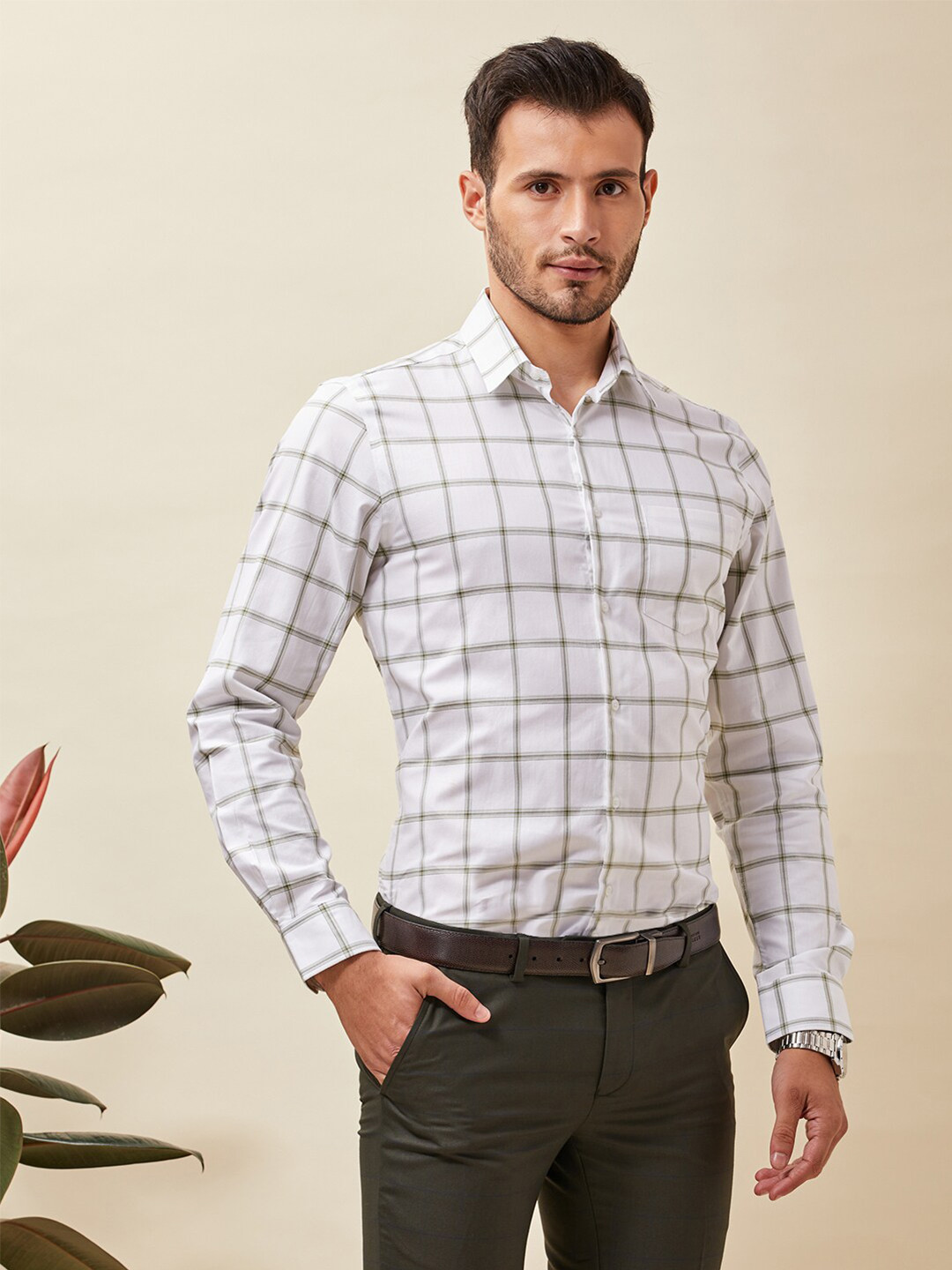 Buy J Hampstead Men Off White Slim Fit Windowpane Checked Formal Shirt ...