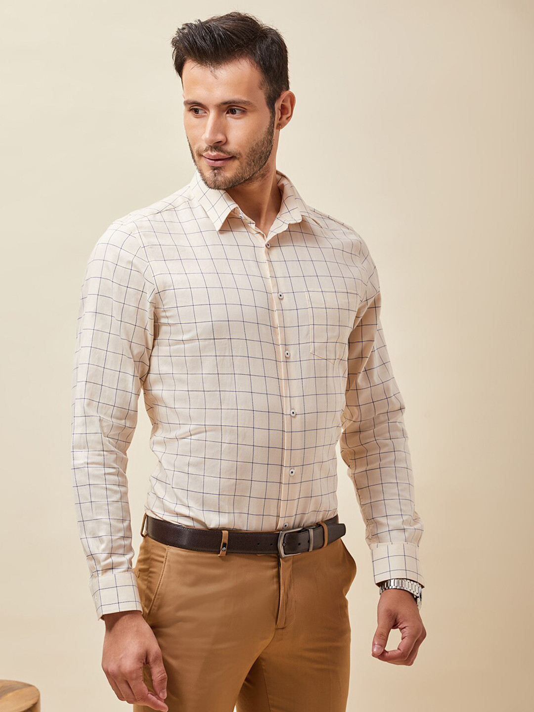Buy J Hampstead Men Cream Coloured Classic Slim Fit Checked Formal ...