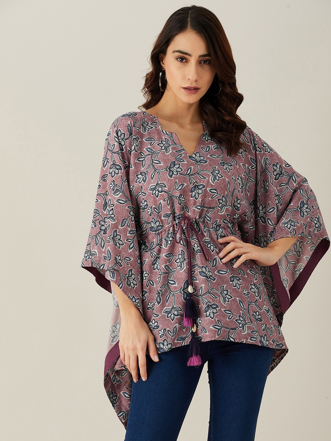 Buy The Kaftan Company Mauve Floral Print Kaftan Top - Tops for Women ...