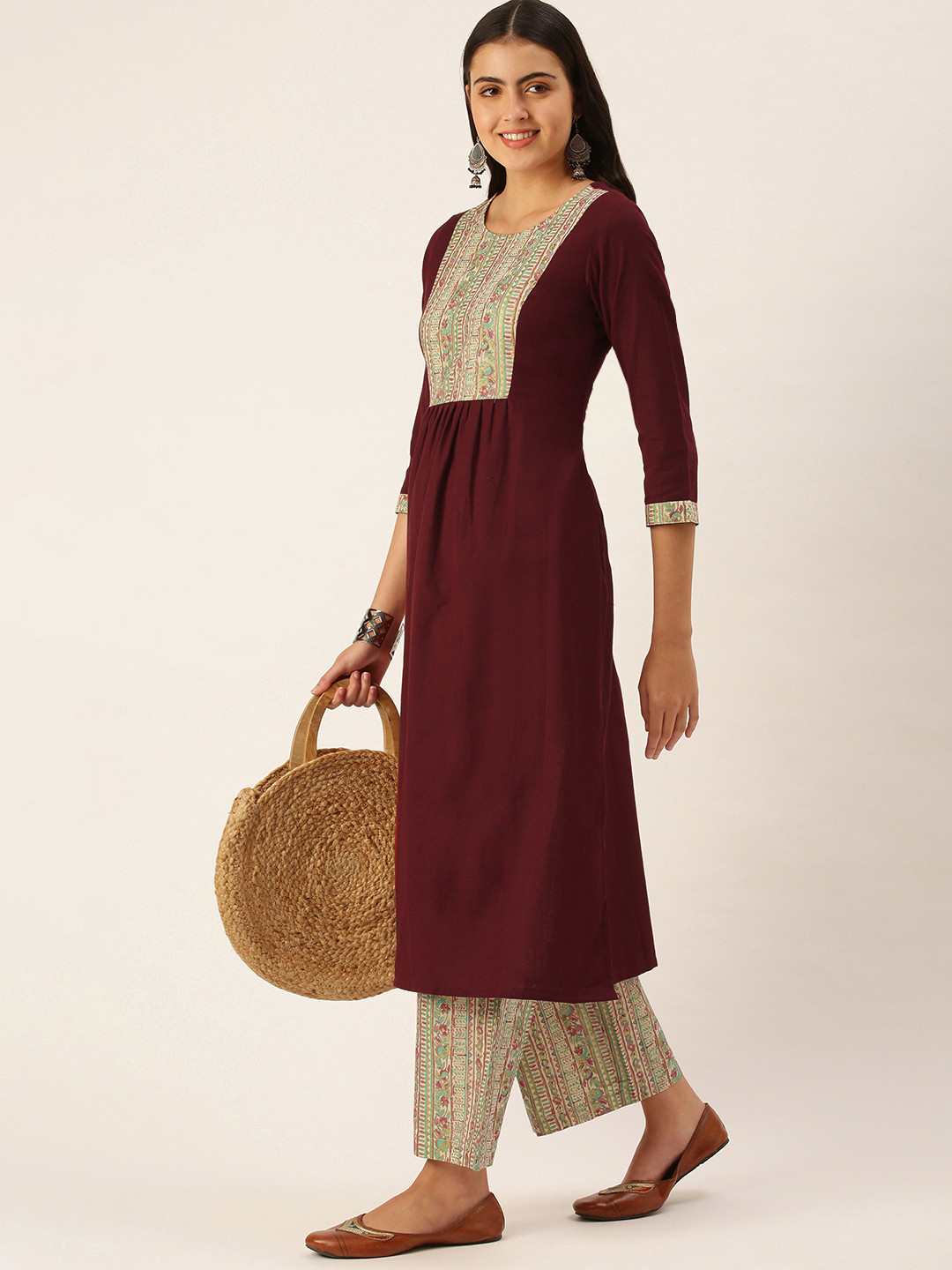 Buy Saanjh Women Maroon Pure Cotton Kurta With Trousers - Kurta Sets ...