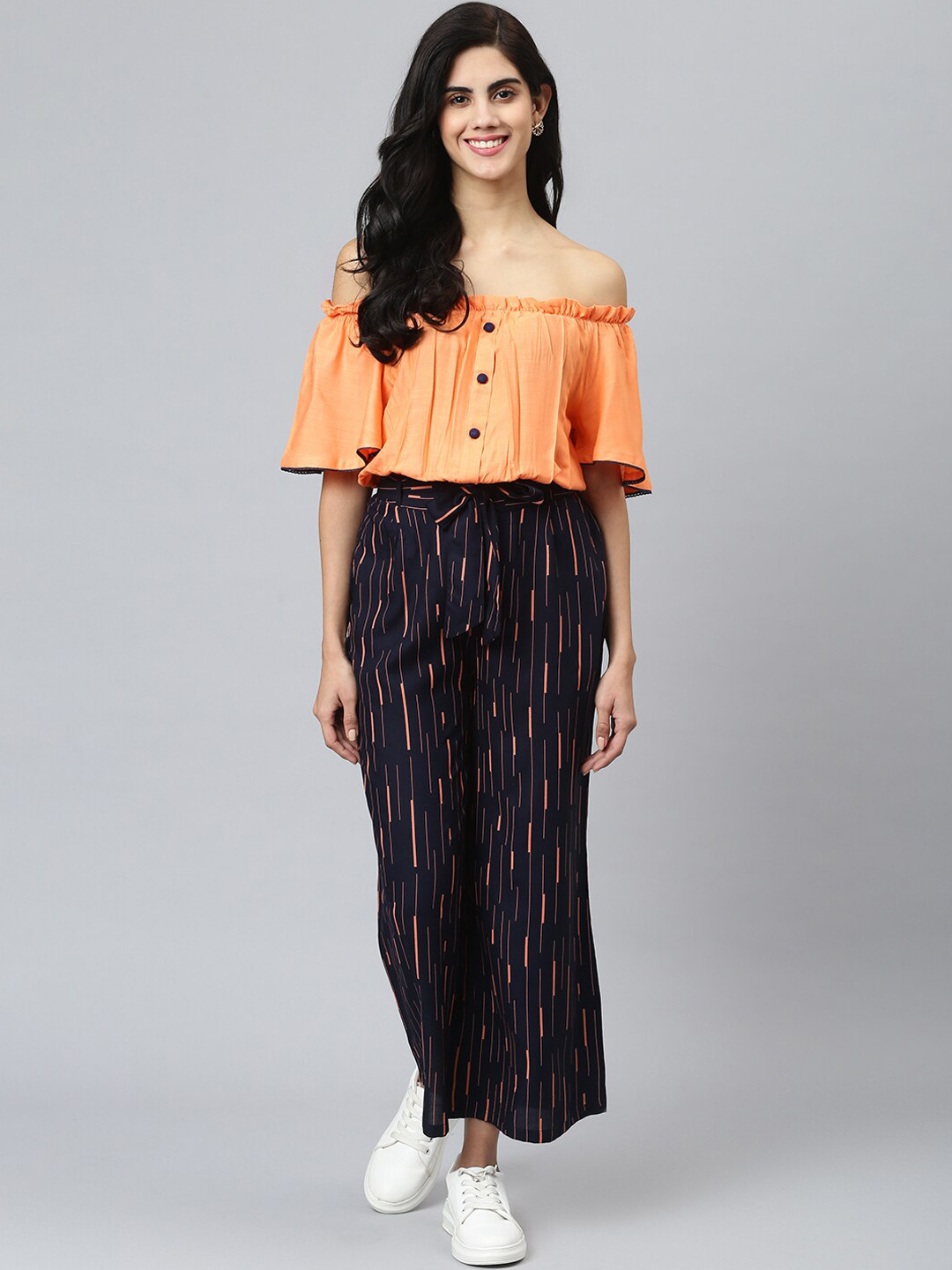 Buy FLAMBOYANT Women Orange & Navy Blue Bardot Crop Top And Palazzo Set ...