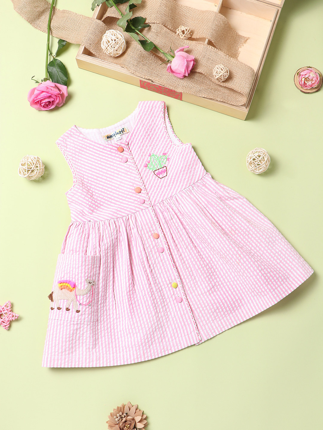 Buy Nauti Nati Girls Pink Cotton Striped A Line Dress - Dresses for ...