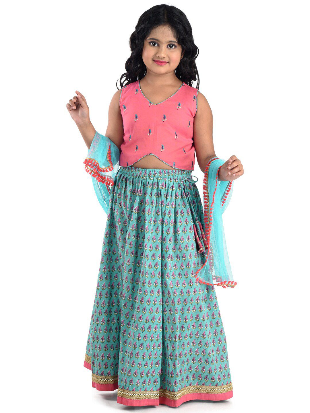 Buy Kinder Kids Girls Blue & Pink Embroidered Ready To Wear Lehenga ...