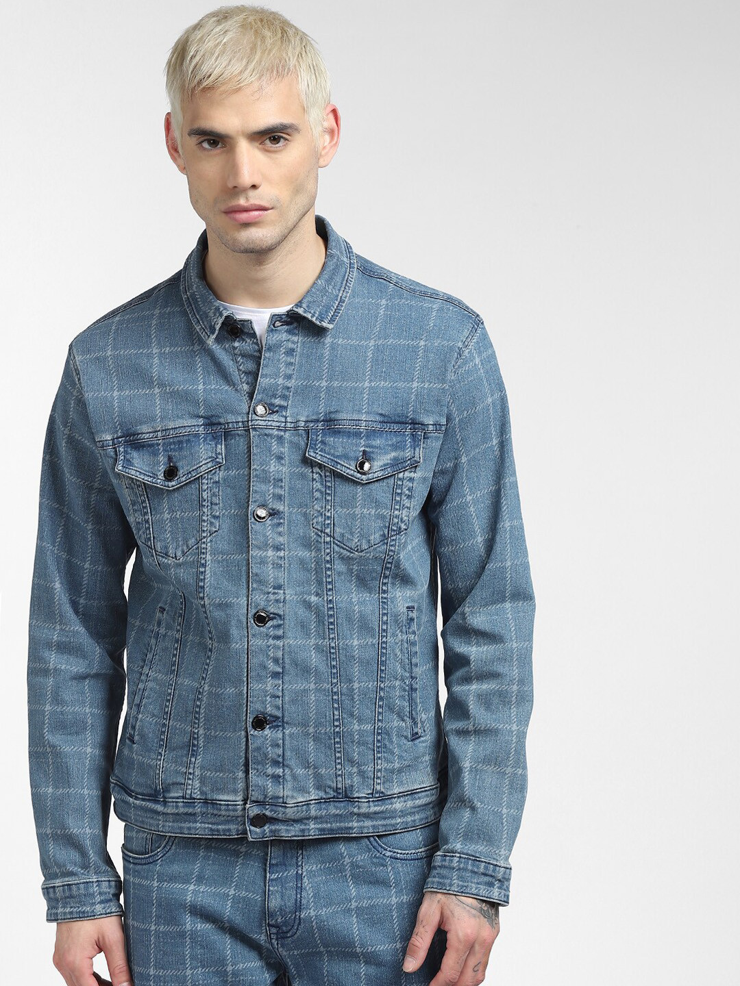 Buy Jack & Jones Men Blue Checked Denim Jacket - Jackets for Men ...
