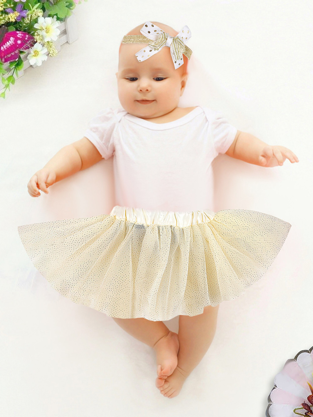 Buy Baby Moo Infant Girls Gold Coloured Flared Mini Tutu Skirt With Bow ...