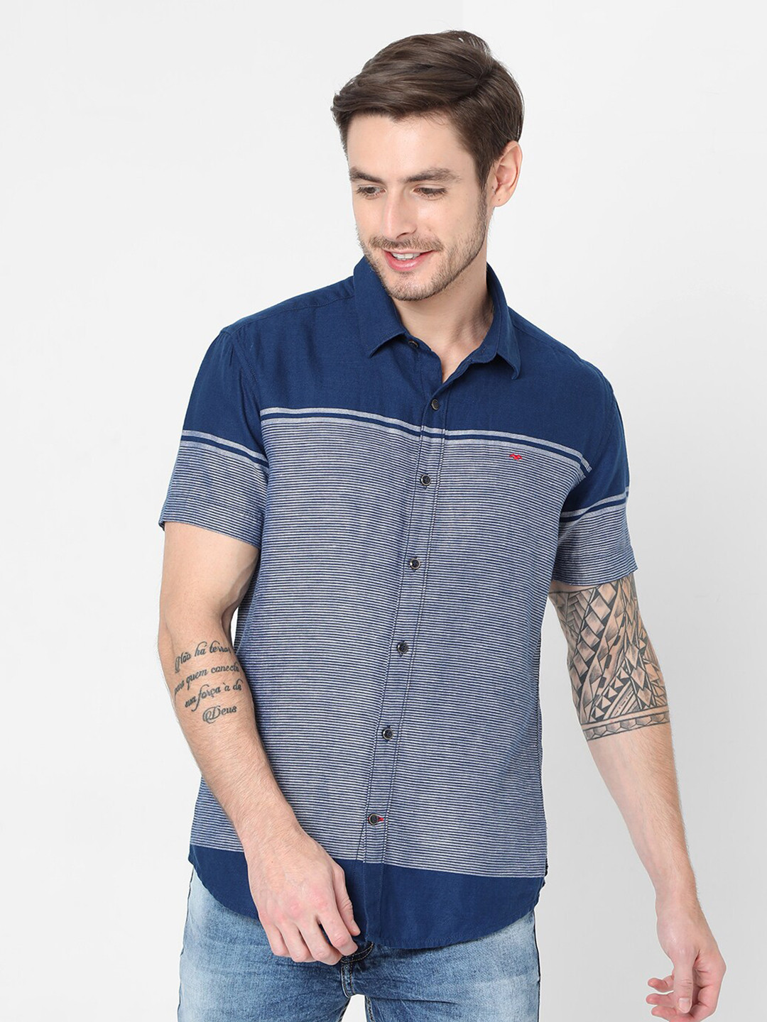 Buy Mufti Men Blue Slim Fit Horizontal Striped Casual Cotton Linen ...