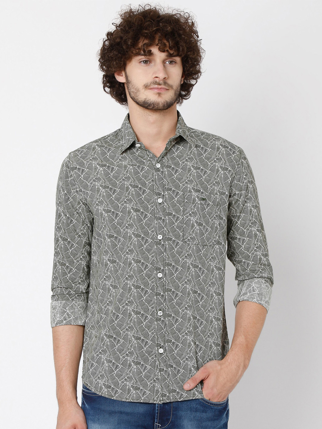 Buy Mufti Men Olive Green Slim Fit Printed Casual Shirt - Shirts for ...