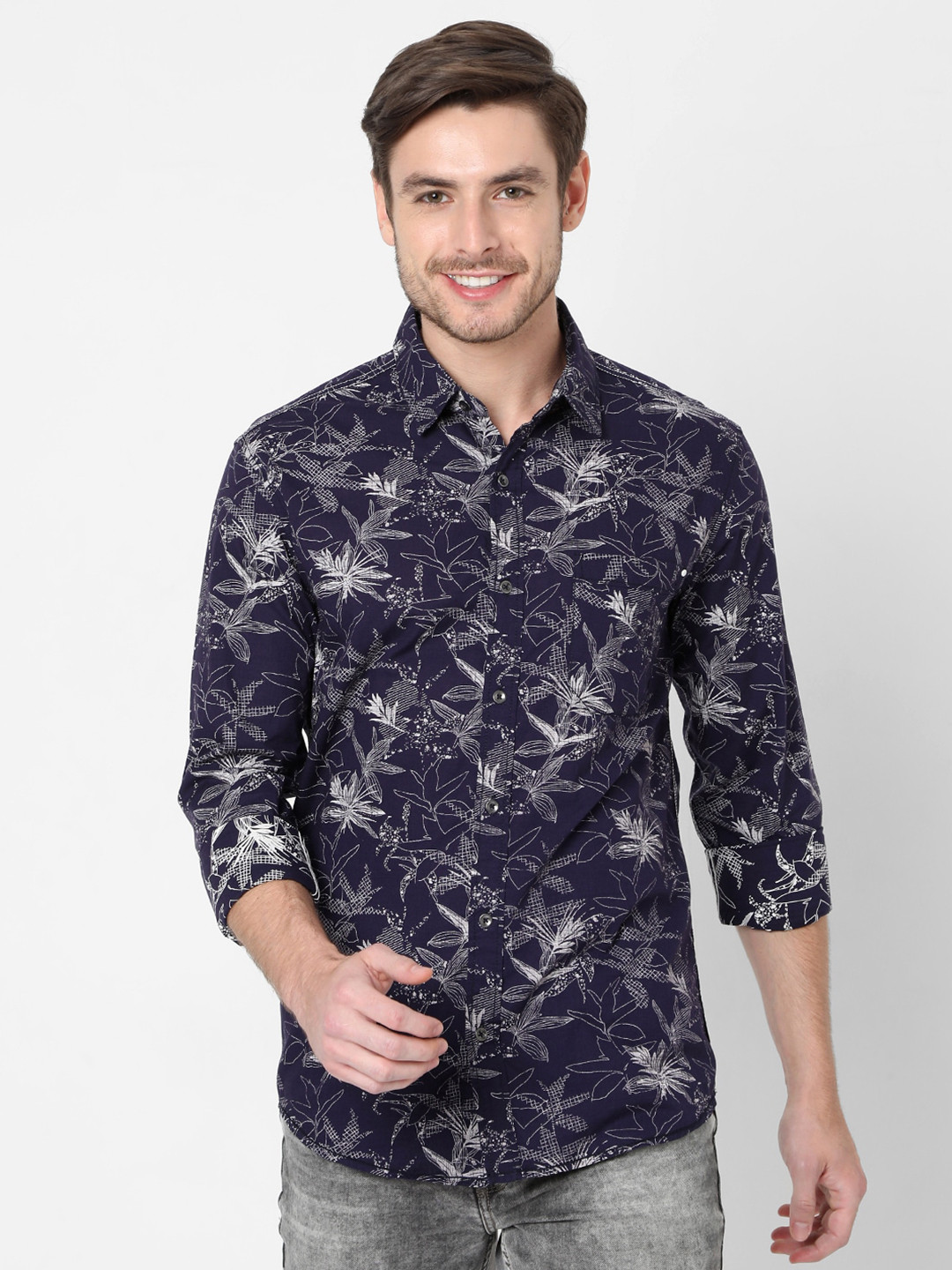 Buy Mufti Men Navy Blue Slim Fit Floral Printed Casual Cotton Shirt ...