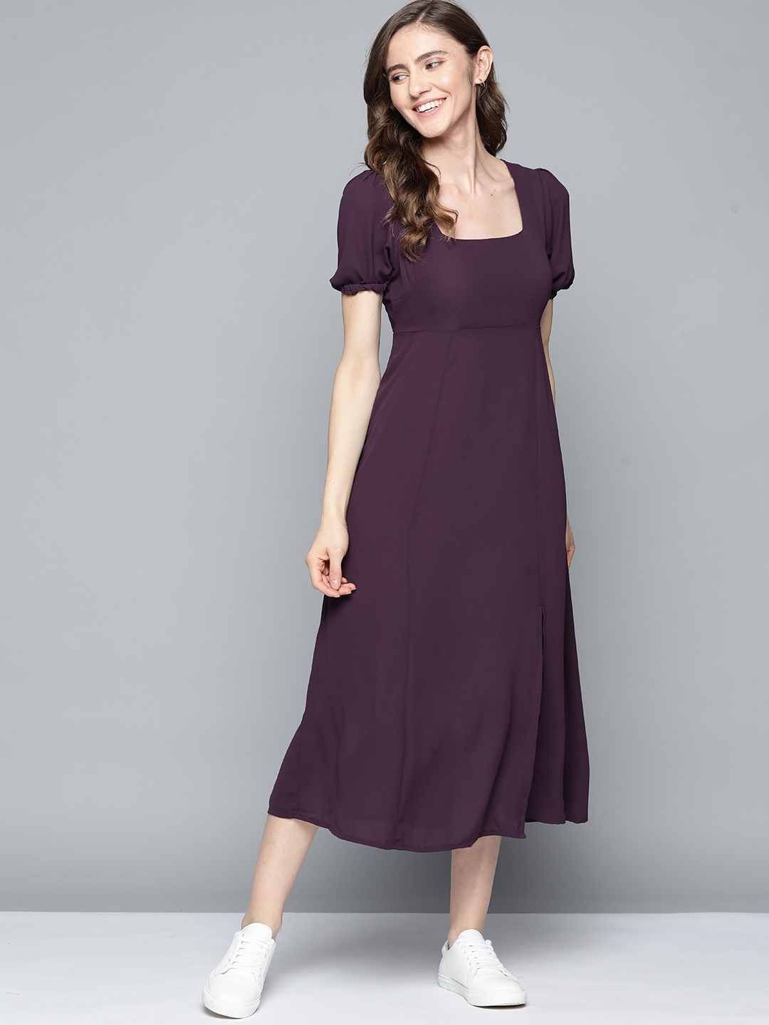 Buy Mast And Harbour Purple Solid Puff Sleeves Front Slit Detail A Line