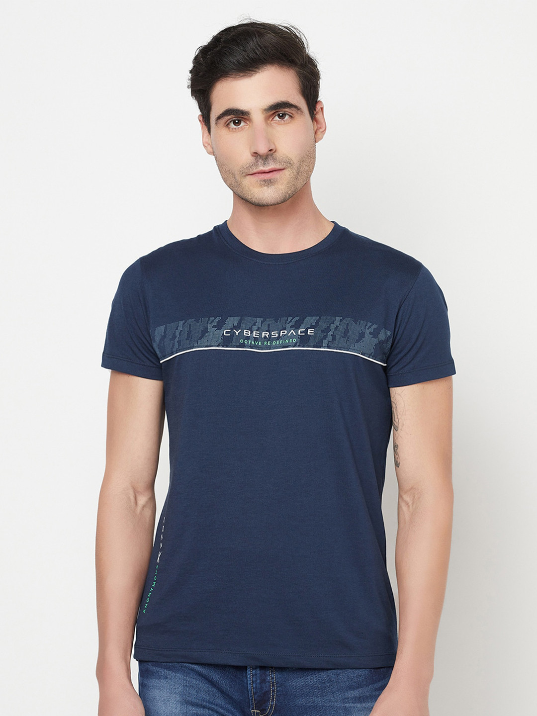 Buy Octave Men Navy Blue Printed Cotton Regular Fit T Shirt - Tshirts ...