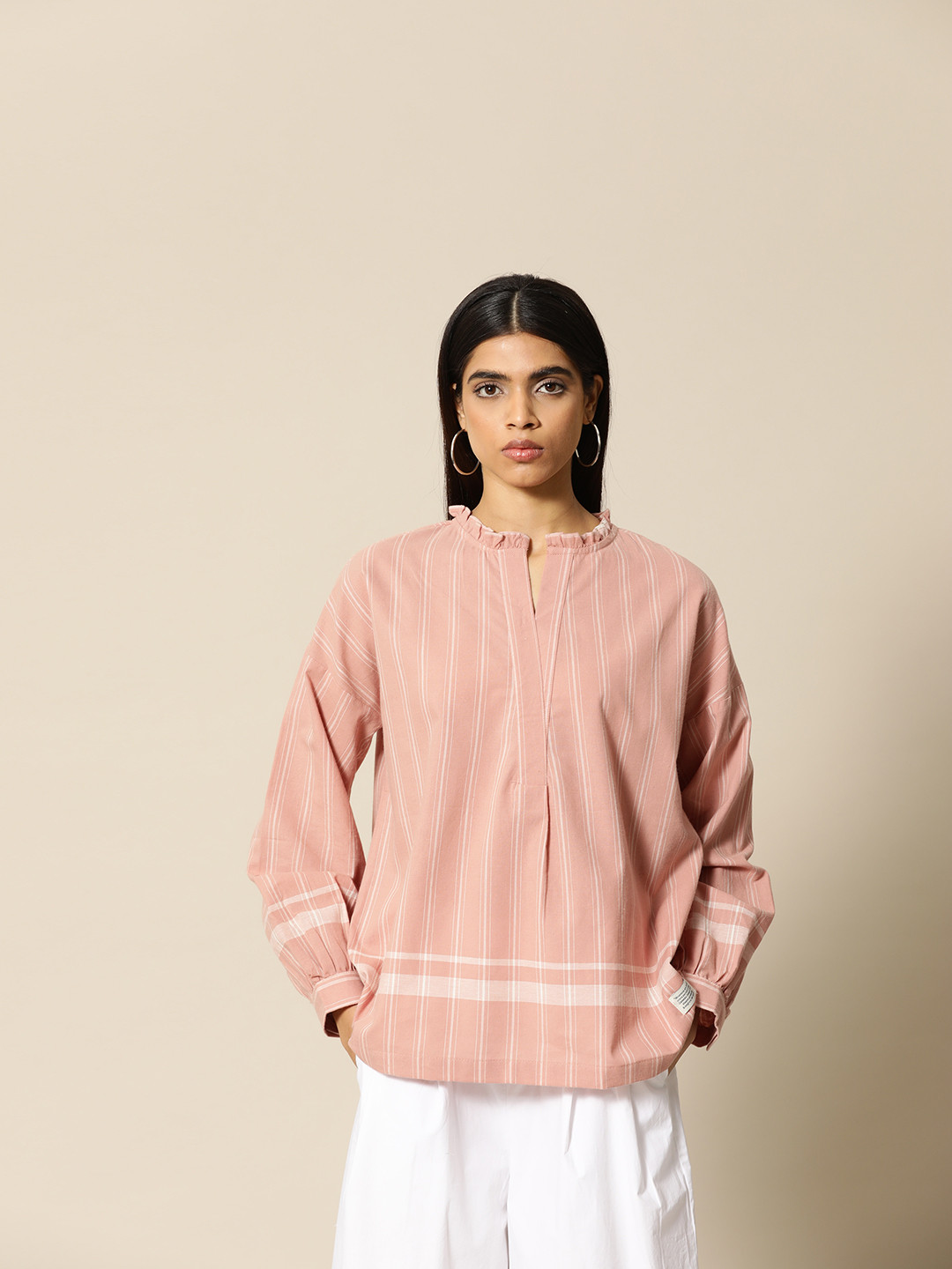 Buy BOWER Dusty Pink & White Woven Pin Striped Ruffled Collar Top ...