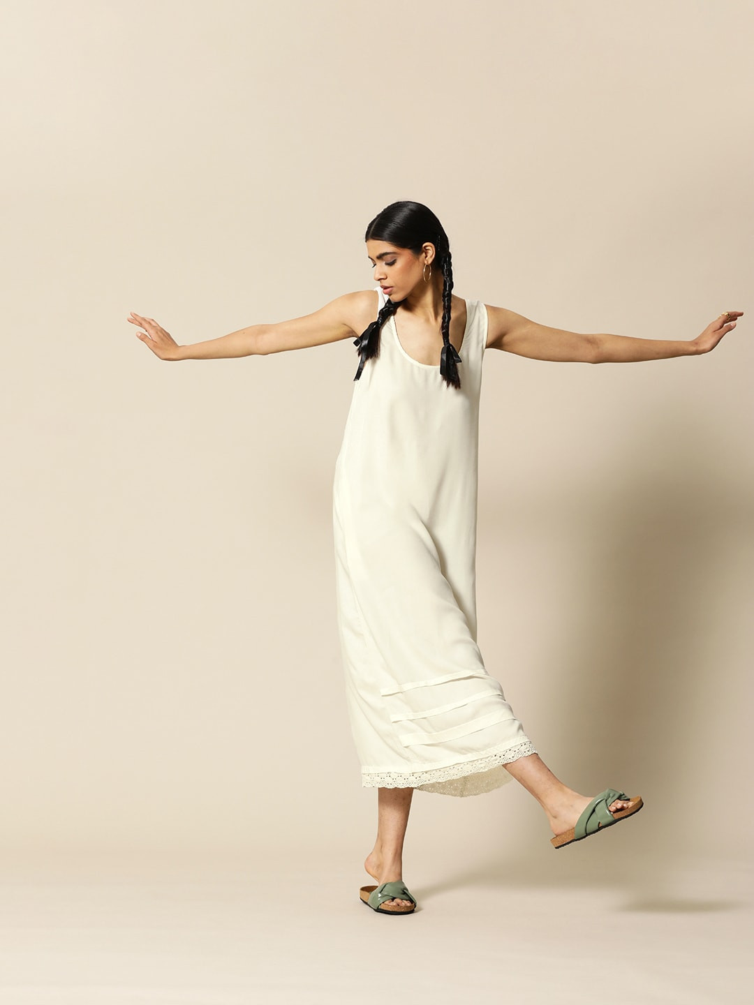 Buy BOWER Women Off White A Line Sustainable Ecovero Pleated Lace Dress ...