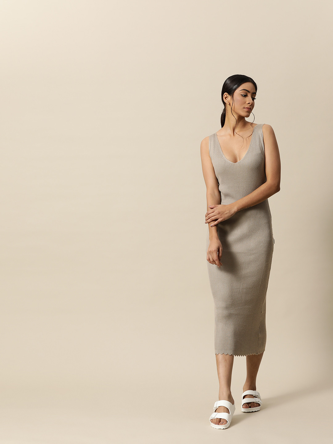 Buy BOWER Taupe Ribbed Knitted Sheath Midi Dress - Dresses for Women ...