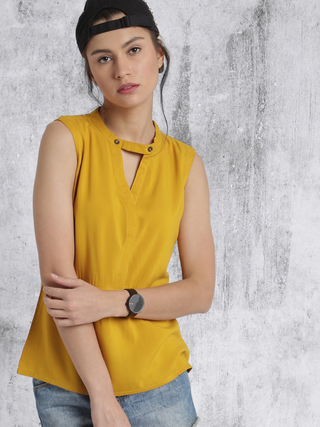 Buy Roadster Women Mustard Yellow Solid Top Tops For Women 1719884