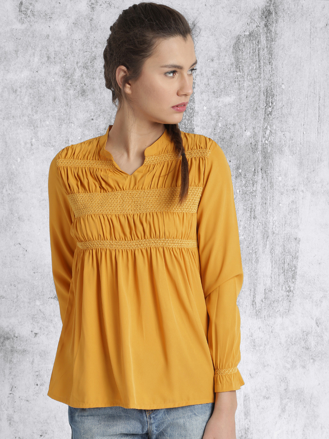 Buy Roadster Women Mustard Yellow Self Design Top - Tops for Women ...