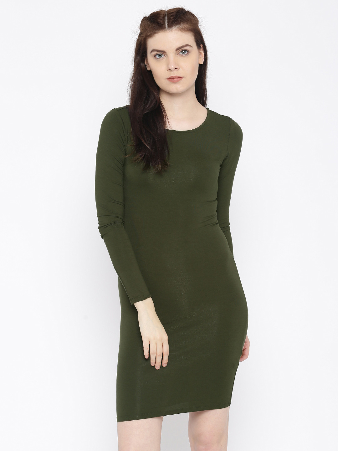 Buy FOREVER 21 Women Olive Green Solid Sheath Dress - Dresses for Women ...