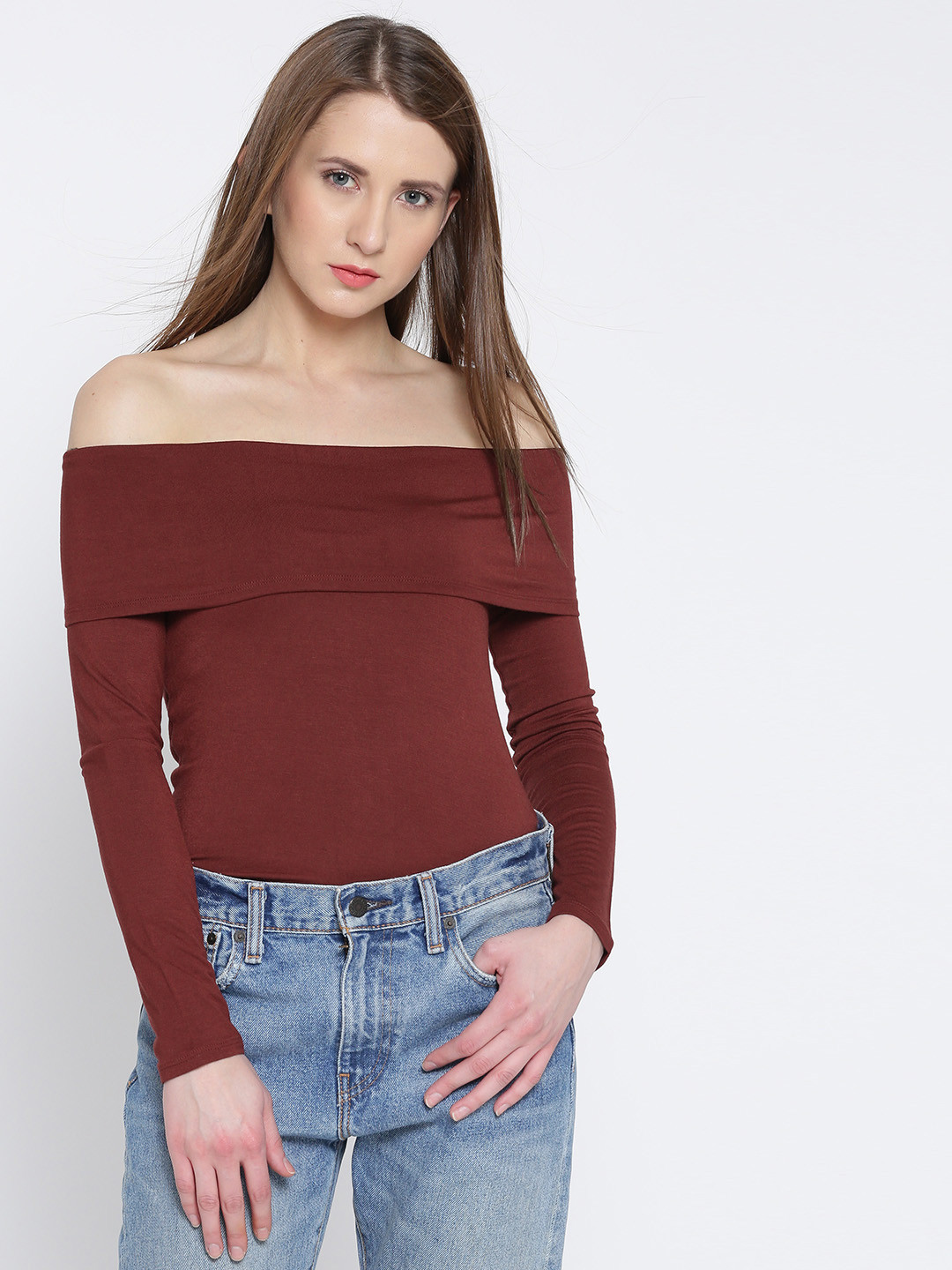 Buy FOREVER 21 Women Rust Brown Solid Layered Off Shoulder Top - Tops ...