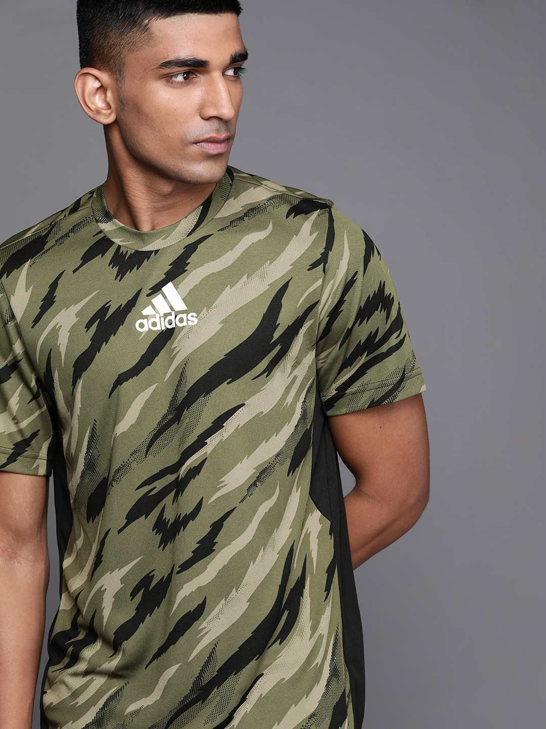 Buy ADIDAS Men Olive Green & Black Printed AEROREADY T Shirt - Tshirts ...