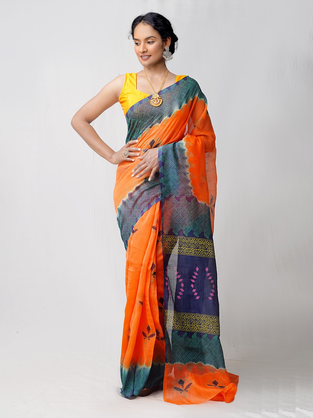 Buy Unnati Silks Orange & Blue Ethnic Motifs Net Block Print Saree ... Buy Unnati Silks Orange & Blue Ethnic Motifs Net Block Print Saree ...