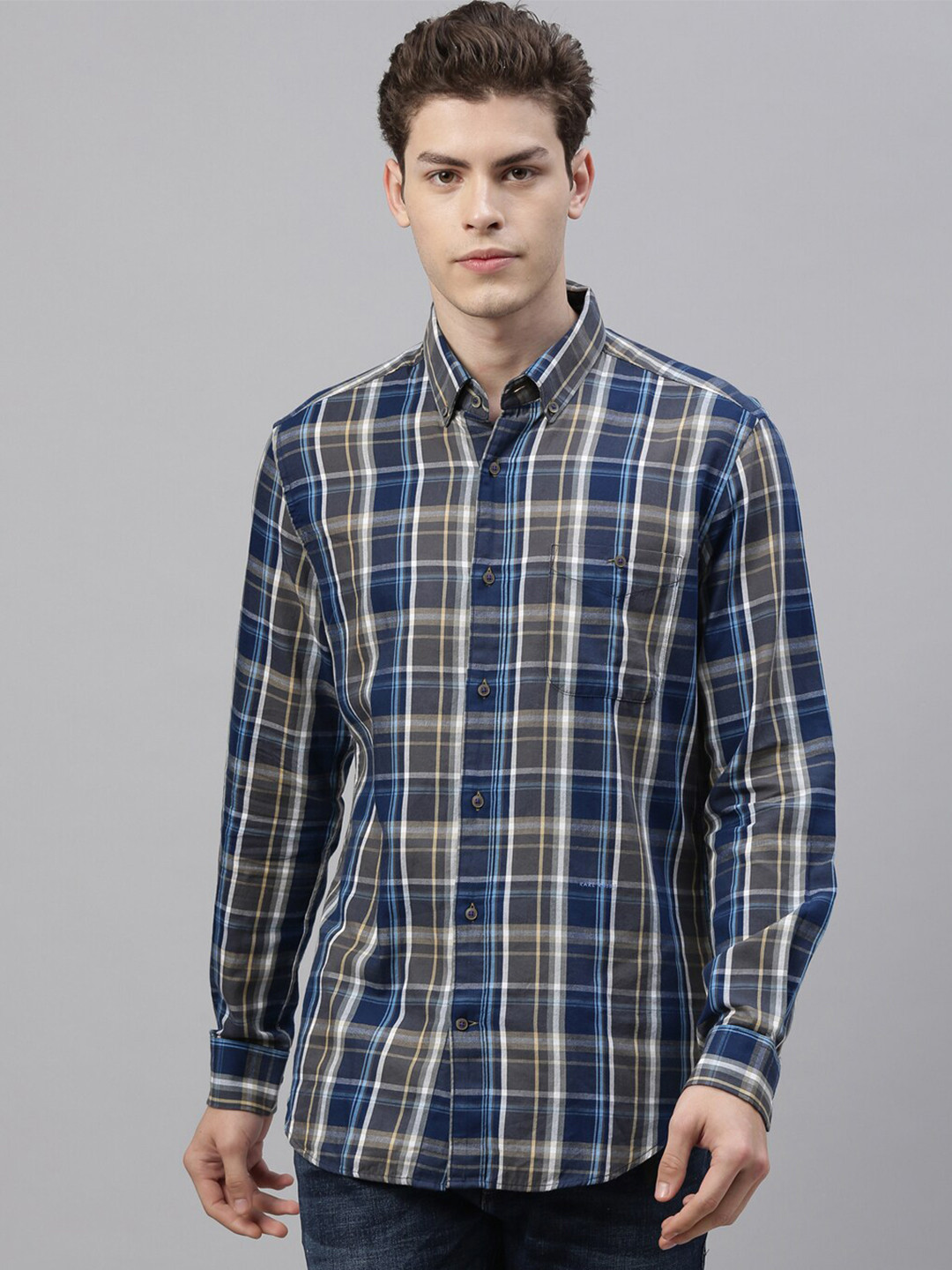 Buy RARE RABBIT Men Navy Blue & Grey Custom Slim Fit Tartan Checked ...