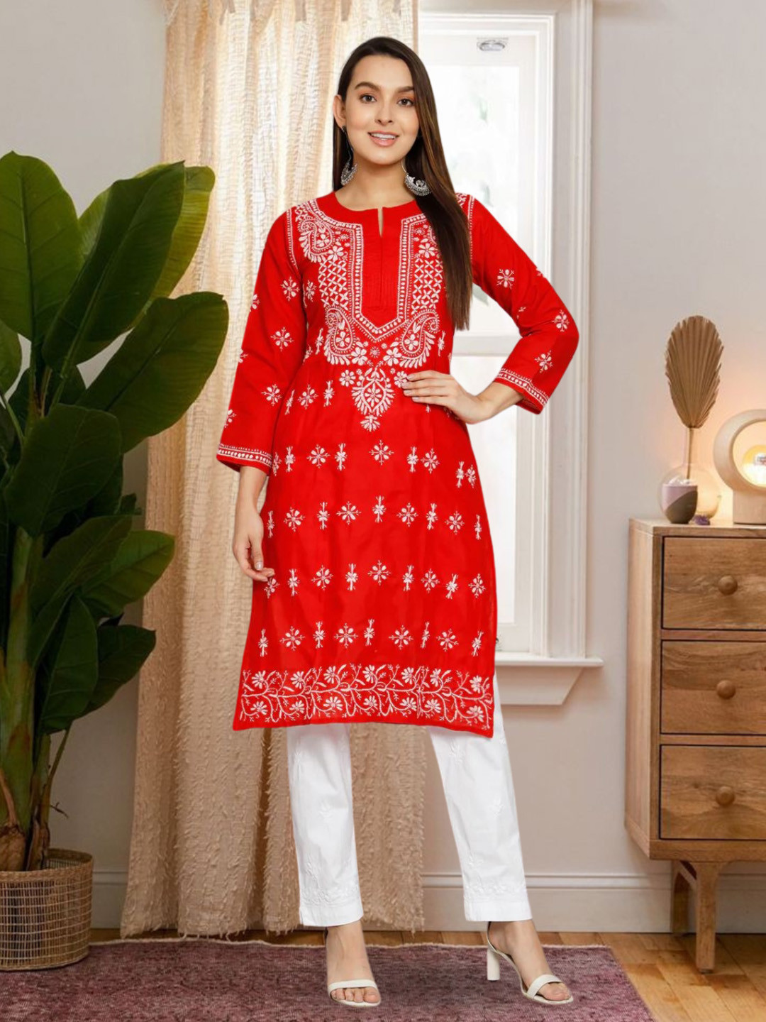 Buy PARAMOUNT CHIKAN Women Red & White Ethnic Motifs Embroidered ...
