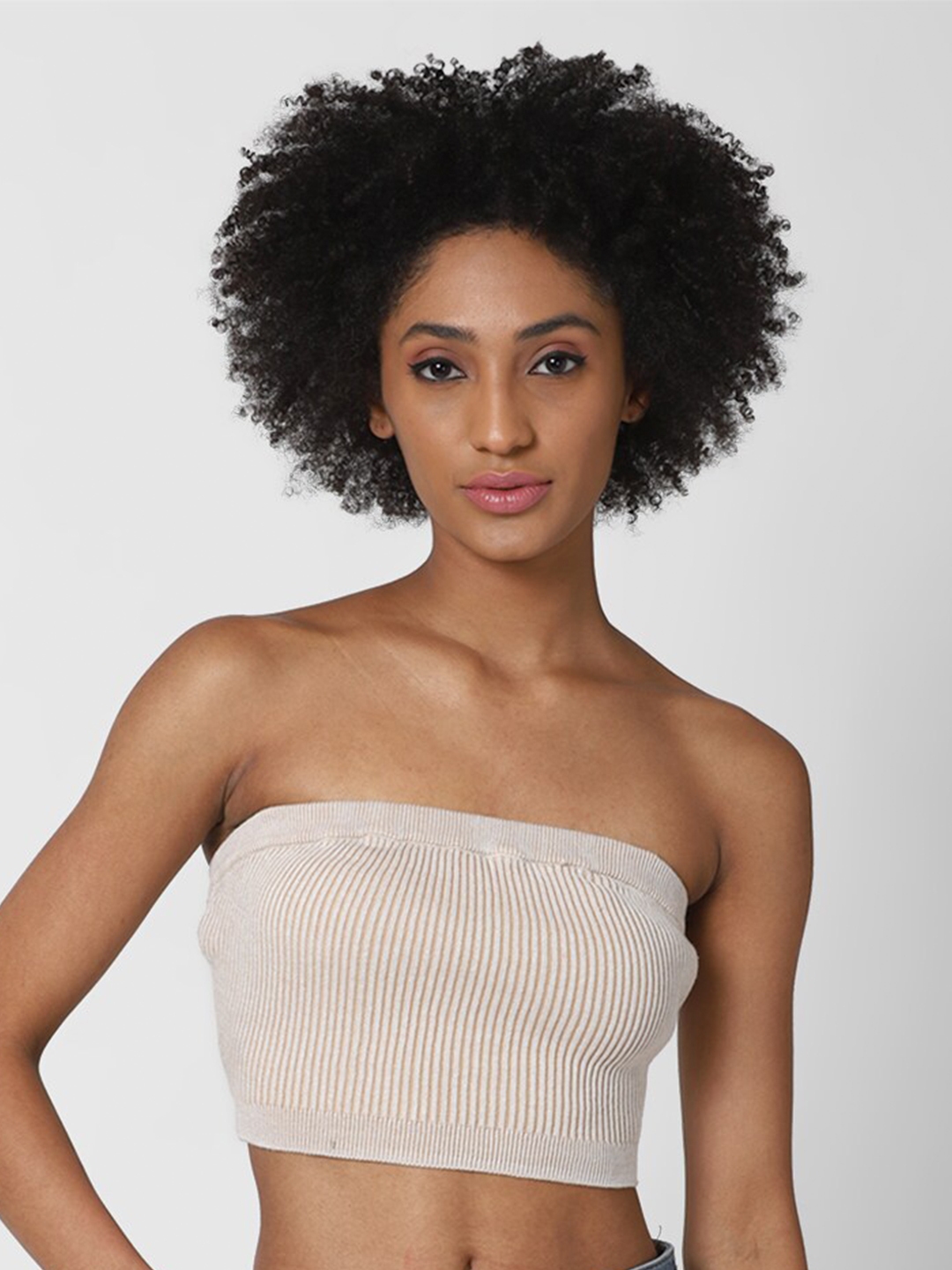 Buy Forever 21 Beige Tube Pure Cotton Knitted Crop Top Tops For Women