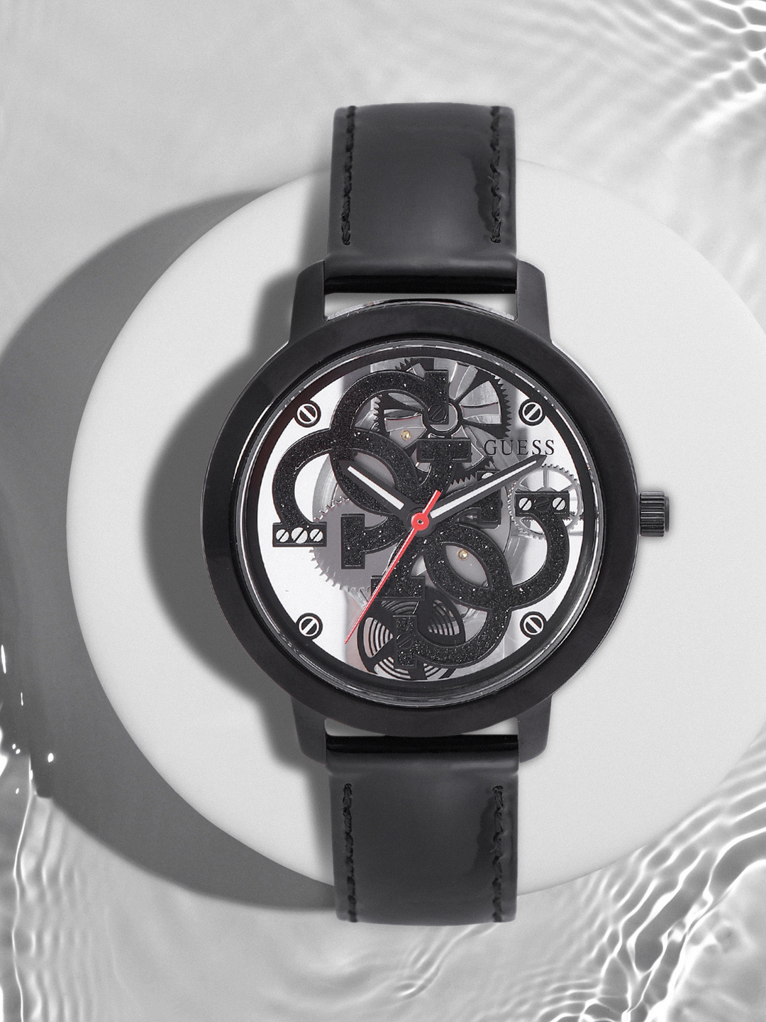 Buy GUESS Women Gunmetal Toned Skeleton Dial & Black Straps Analogue ...