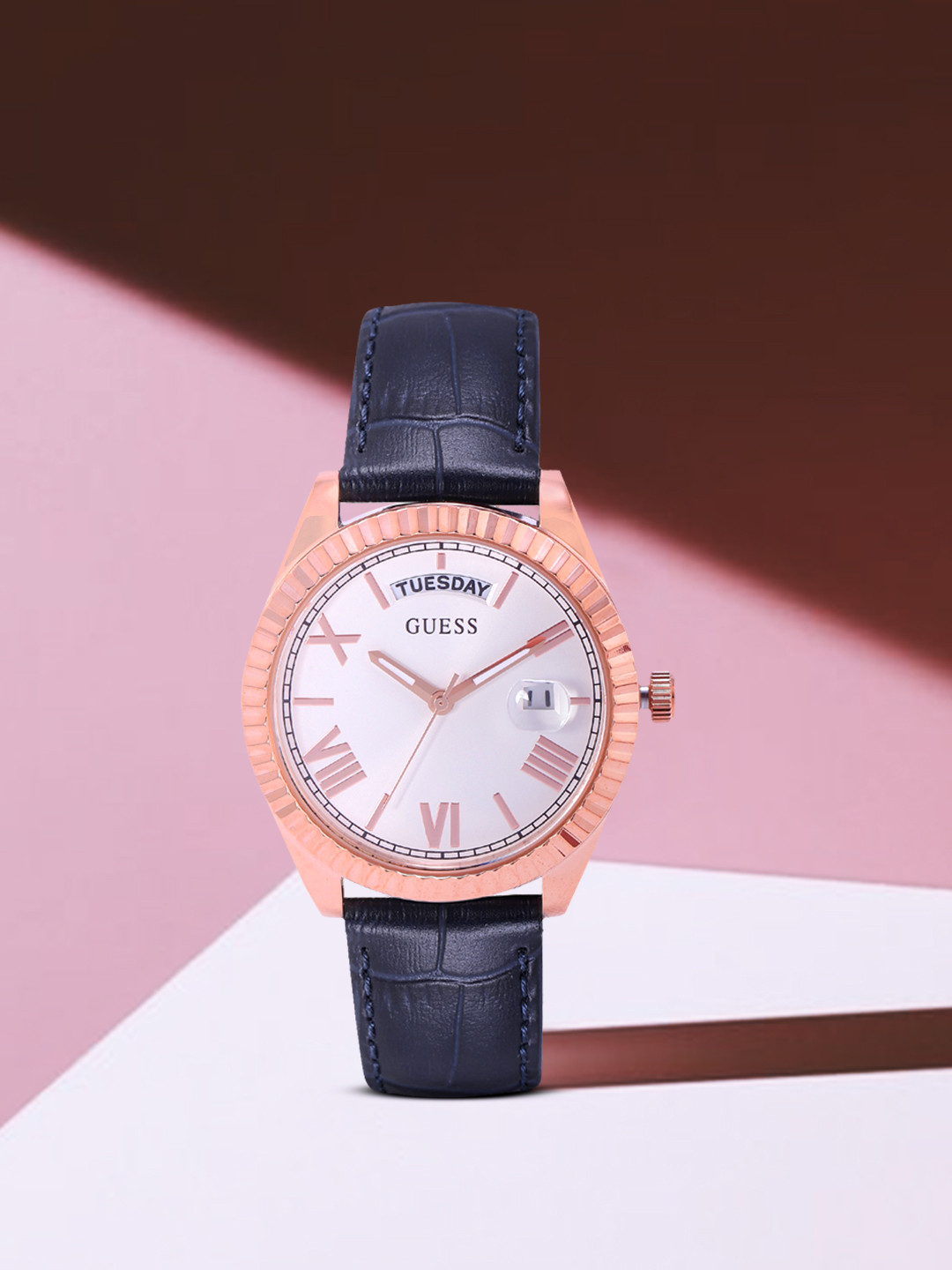 Buy GUESS Women White Dial & Blue Leather Textured Straps Analogue ...