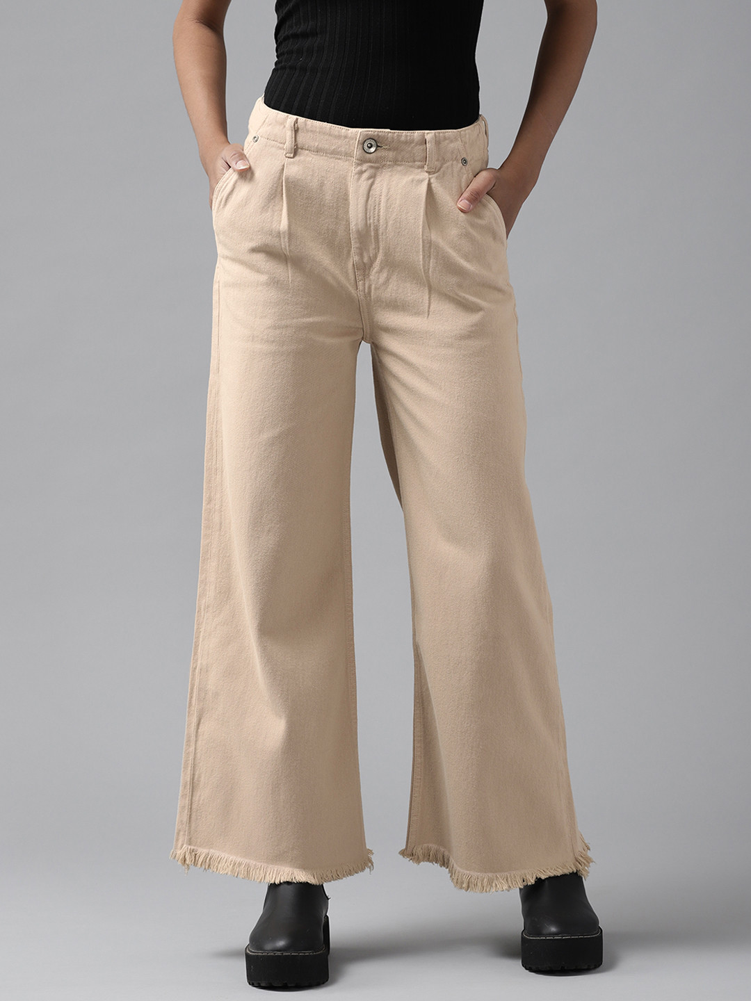 Buy Roadster Women Beige Pure Cotton Wide Leg High Rise Jeans - Jeans ...