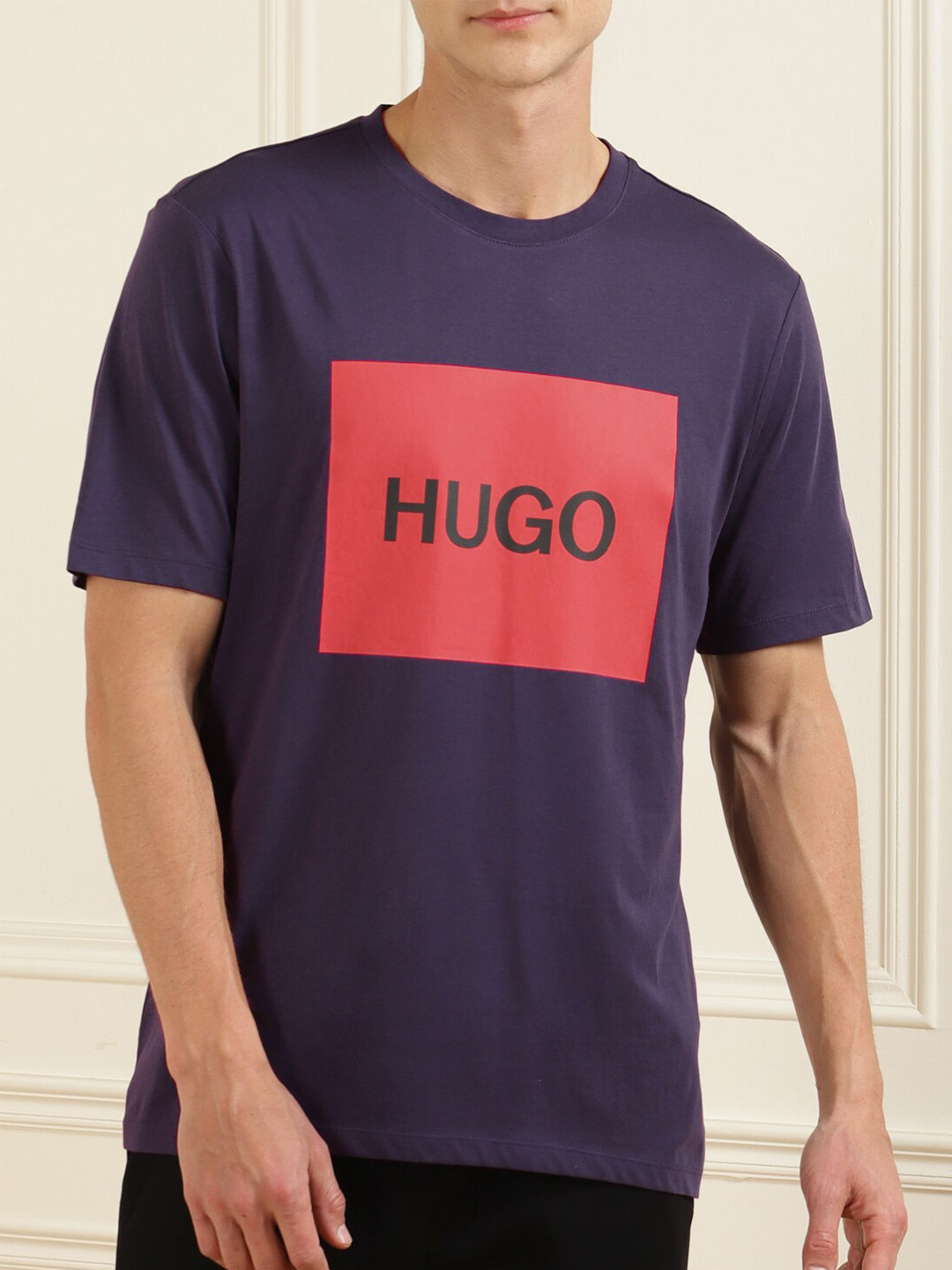 Buy HUGO Men Purple & Red Typography Printed Pure Cotton T Shirt ...