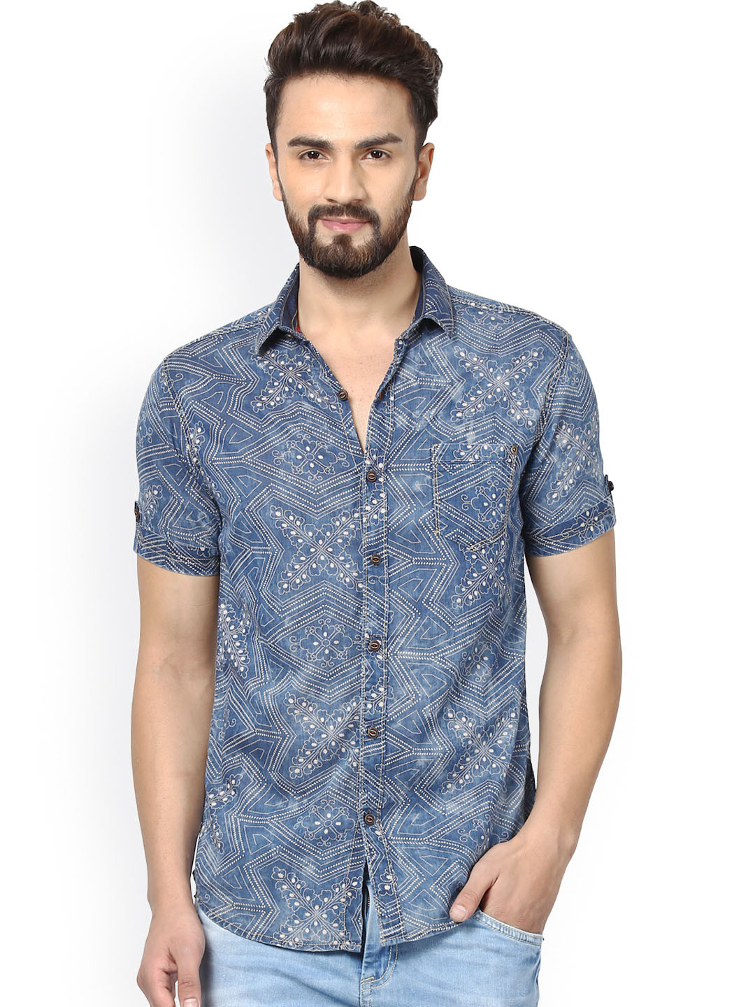 Buy Mufti Men Blue Slim Fit Printed Casual Shirt - Shirts for Men ...