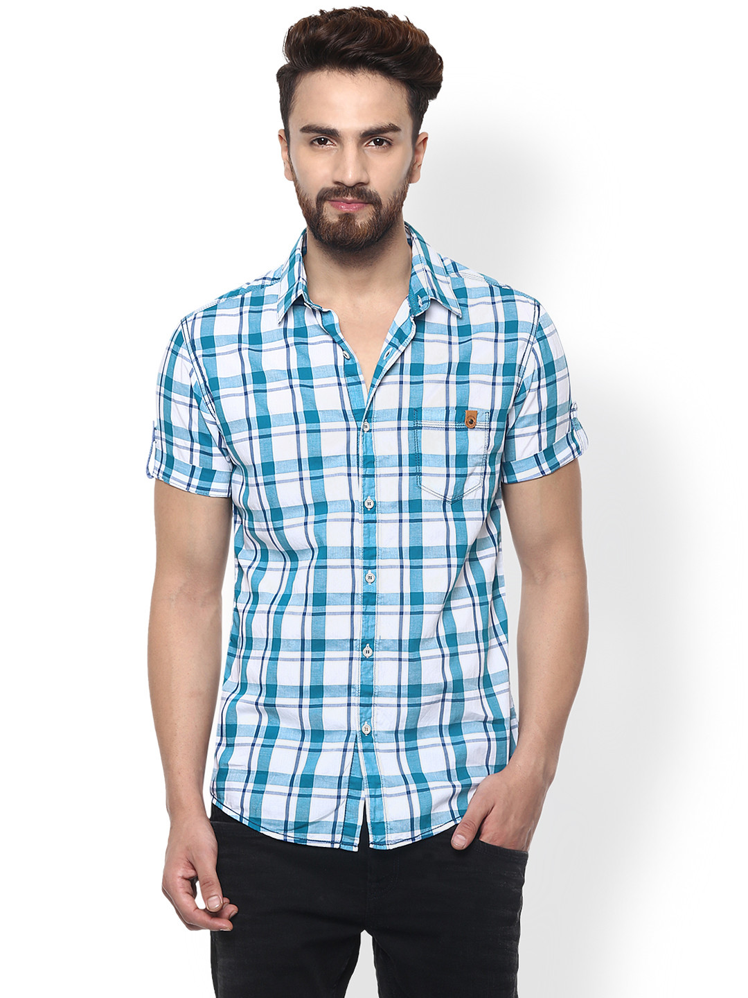 Buy Mufti Men Blue & White Slim Fit Checked Casual Shirt - Shirts for ...