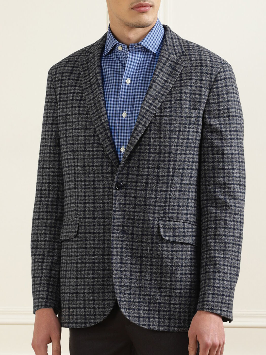 Buy HACKETT LONDON Men Grey Pure Cotton Slim Fit Boucle Checked Blazer ...