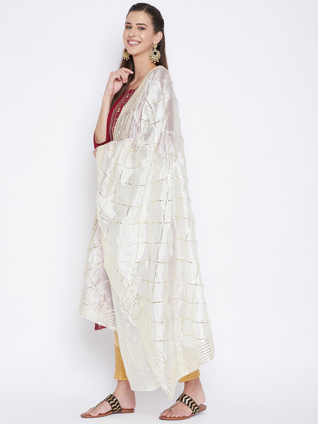 Buy Clora Creation Cream Coloured & Silver Toned Checked Dupatta With ...