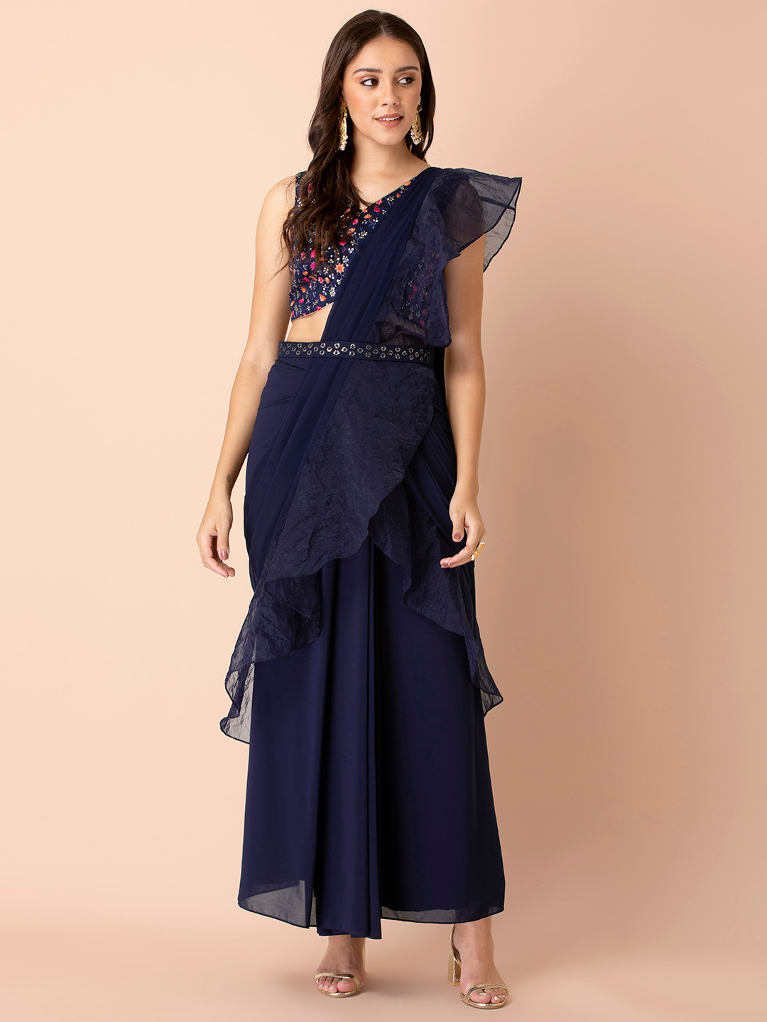 Buy Indya X Shraddha Kapoor Blue And Gold Toned Ruffled Ready To Wear 5780