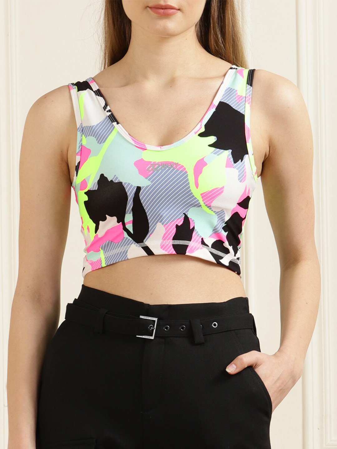Buy DKNY Blue & Fluorescent Green Print Pure Cotton Sports Bra - Bra ...