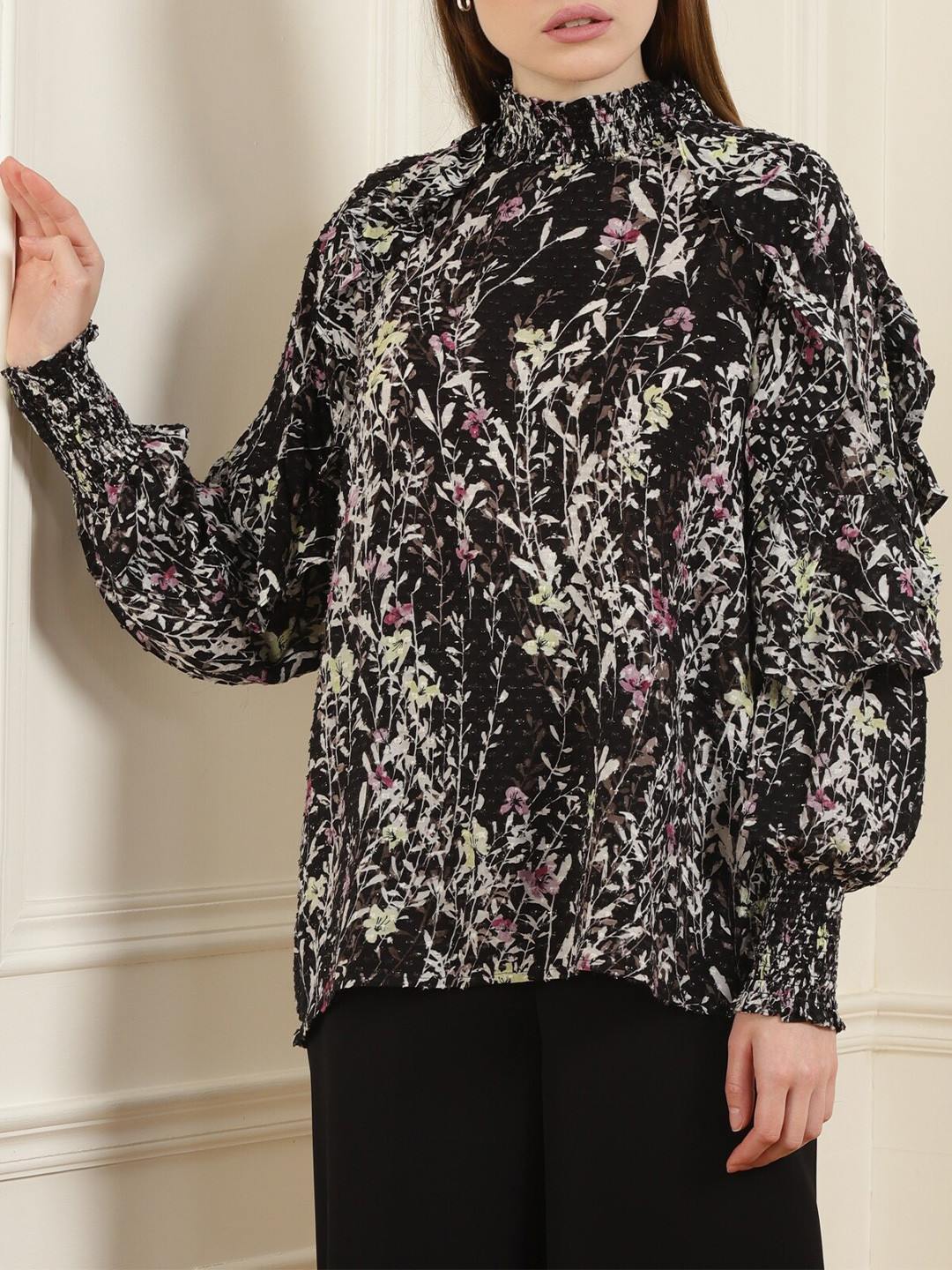 Buy Phase Eight Black & Off White Floral Print Ruffles Pure Cotton Top ...