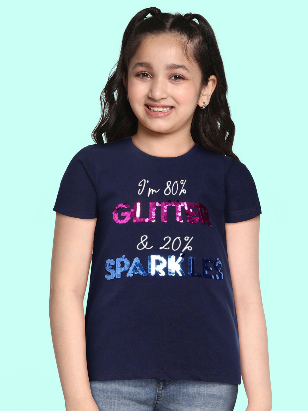 Buy Allen Solly Junior Girls Navy Blue Embellished Pure Cotton T Shirt ...
