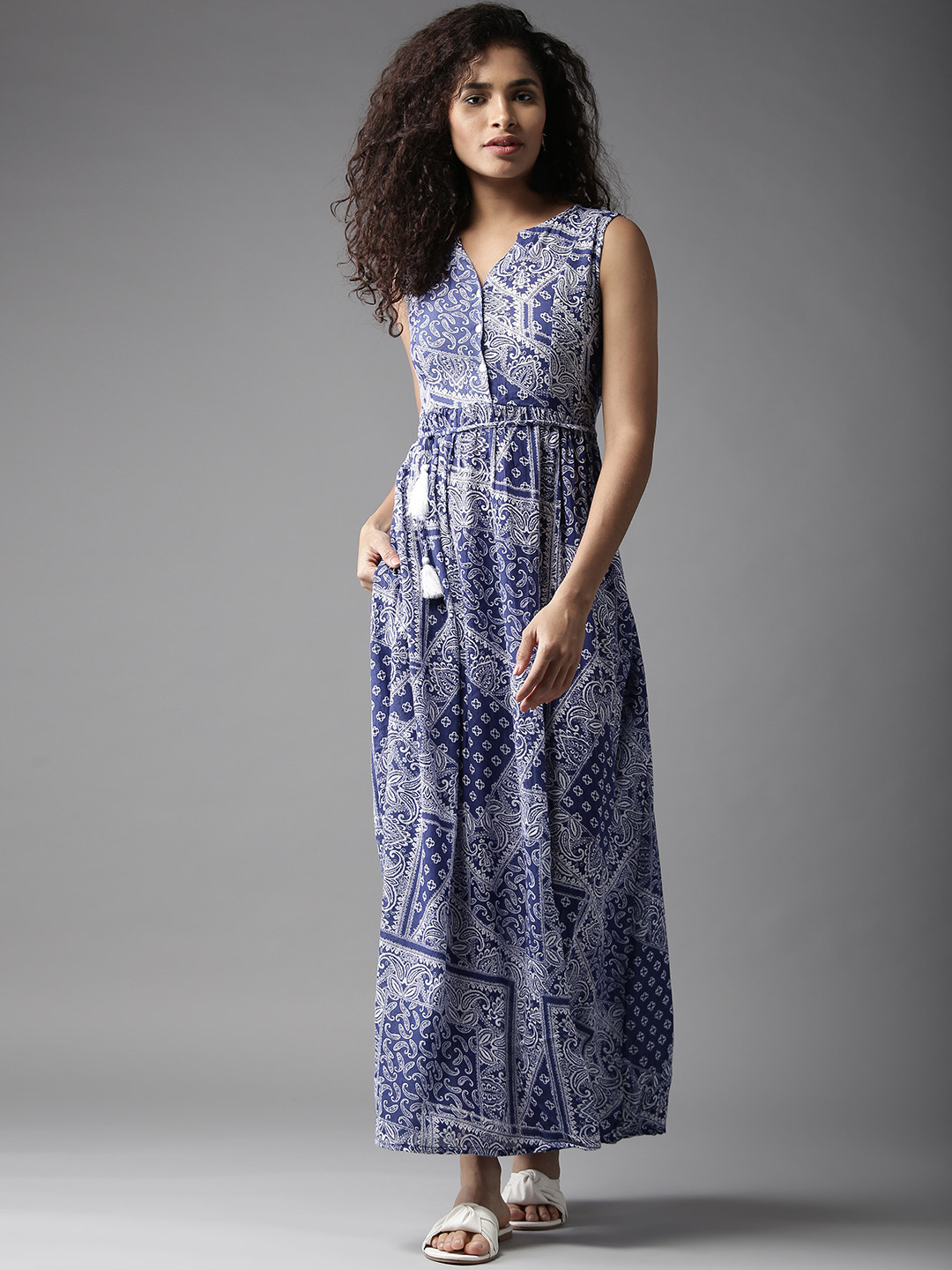 Buy Moda Rapido Women Blue & White Printed Maxi Dress - Ethnic Dresses ...