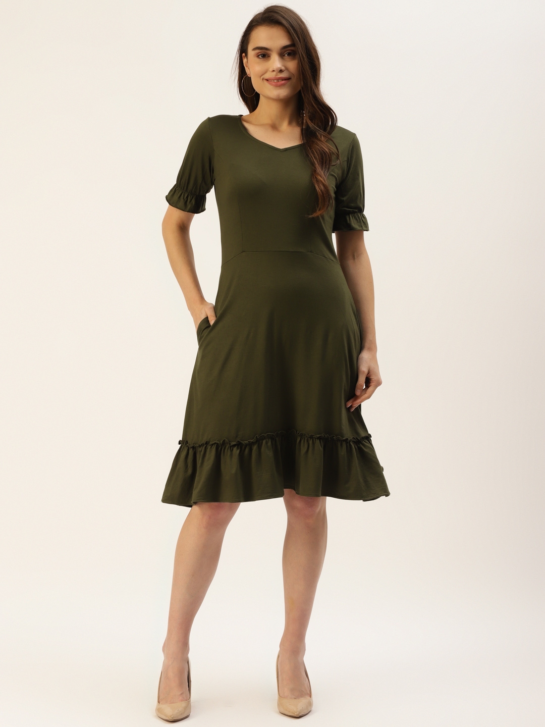 Buy Brinns Olive Green A Line Midi Dress Dresses For Women 17239108