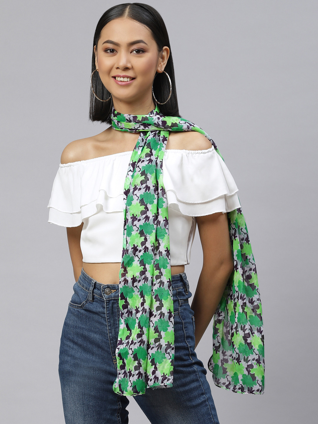 Buy WEAVERS VILLA Women Green & White Printed Stole - Stoles for Women ...
