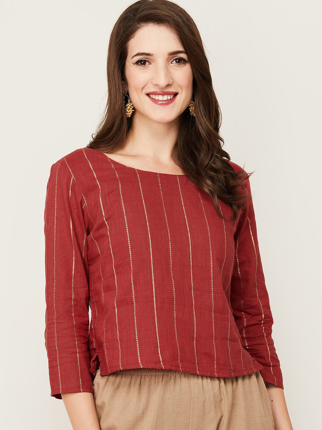 Buy Melange By Lifestyle Red Striped Pure Cotton Top - Tops for Women ...