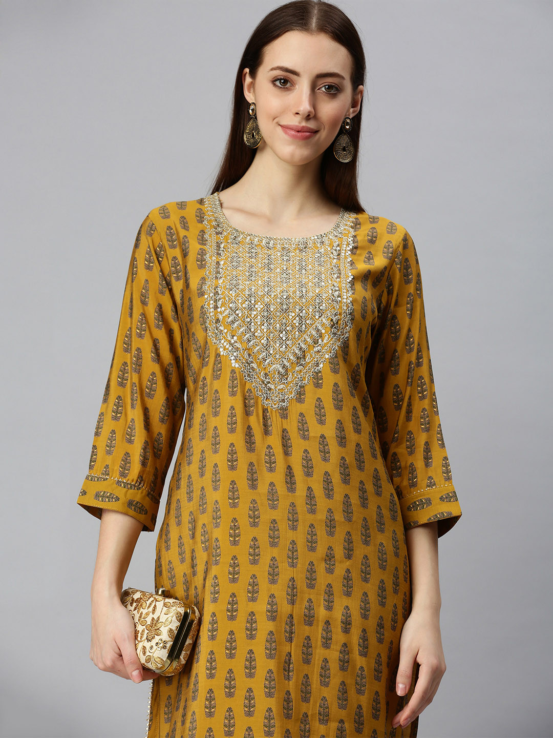 Buy SHOWOFF Women Mustard Yellow Ethnic Motifs Square Neck Straight ...