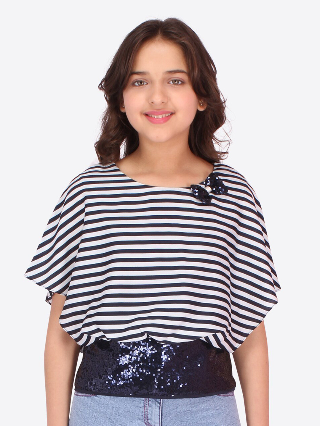 Buy CUTECUMBER Navy Blue Striped Satin Blouson Top - Tops for Girls ...
