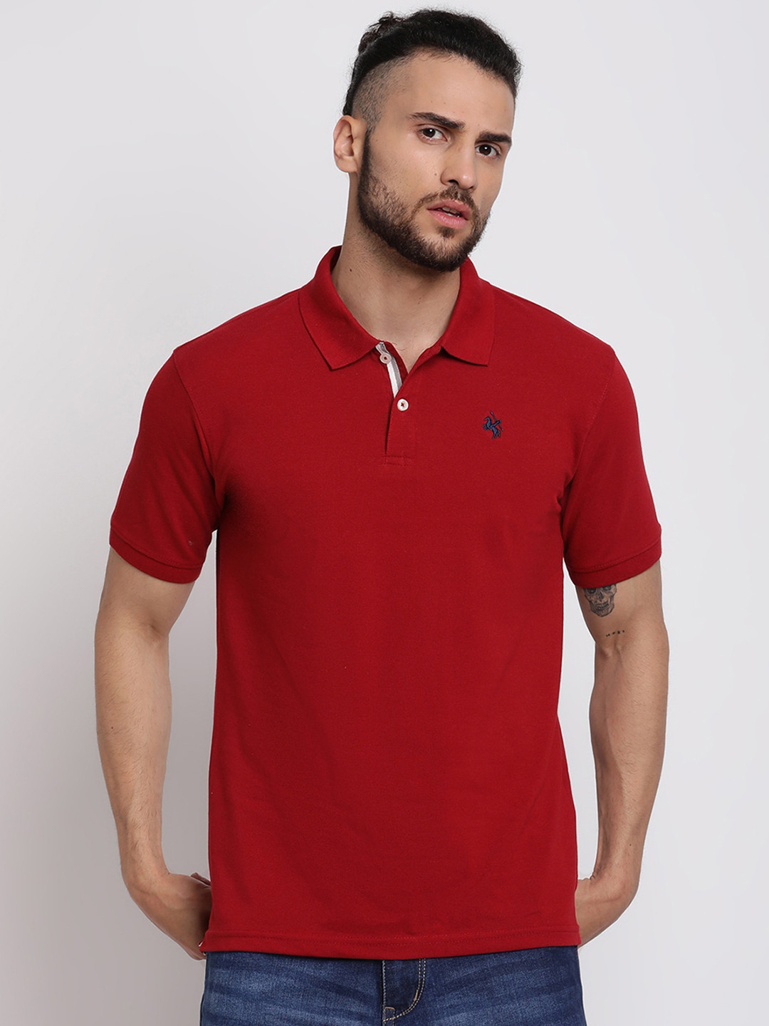 Buy Cantabil Men Maroon Solid Polo Collar Pure Cotton Regular Fit T ...