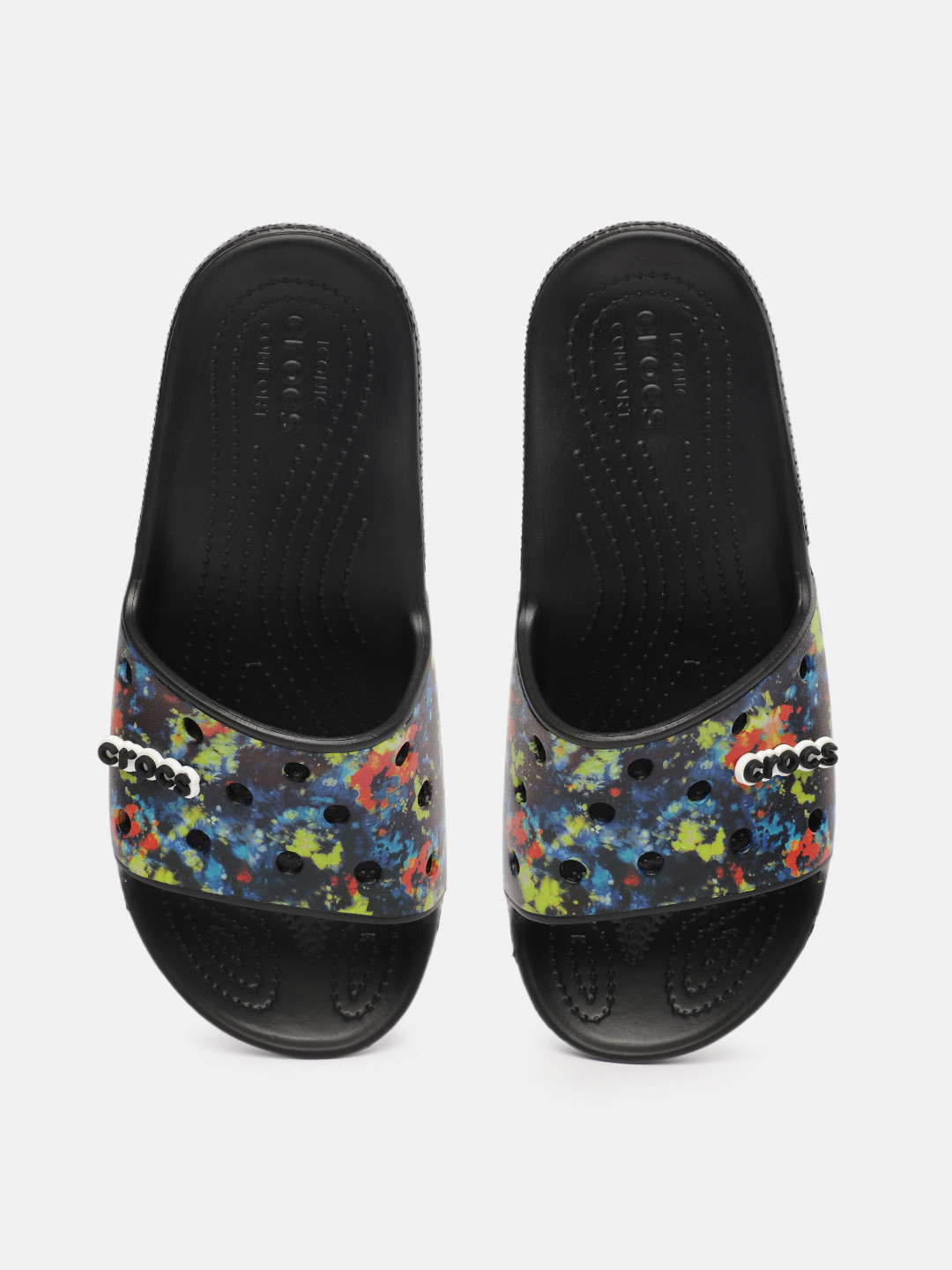 Buy Crocs Unisex Black & Blue Colourblocked Classic Croslite Sliders ...