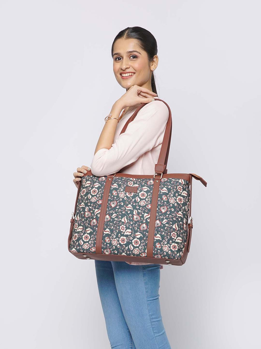 Buy ZOUK Women Floral Printed Kalamkari Structured Laptop Shoulder Bag ...